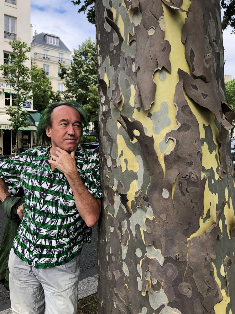 Patrick Blanc observing the peeling bark of a plane tree along the ...